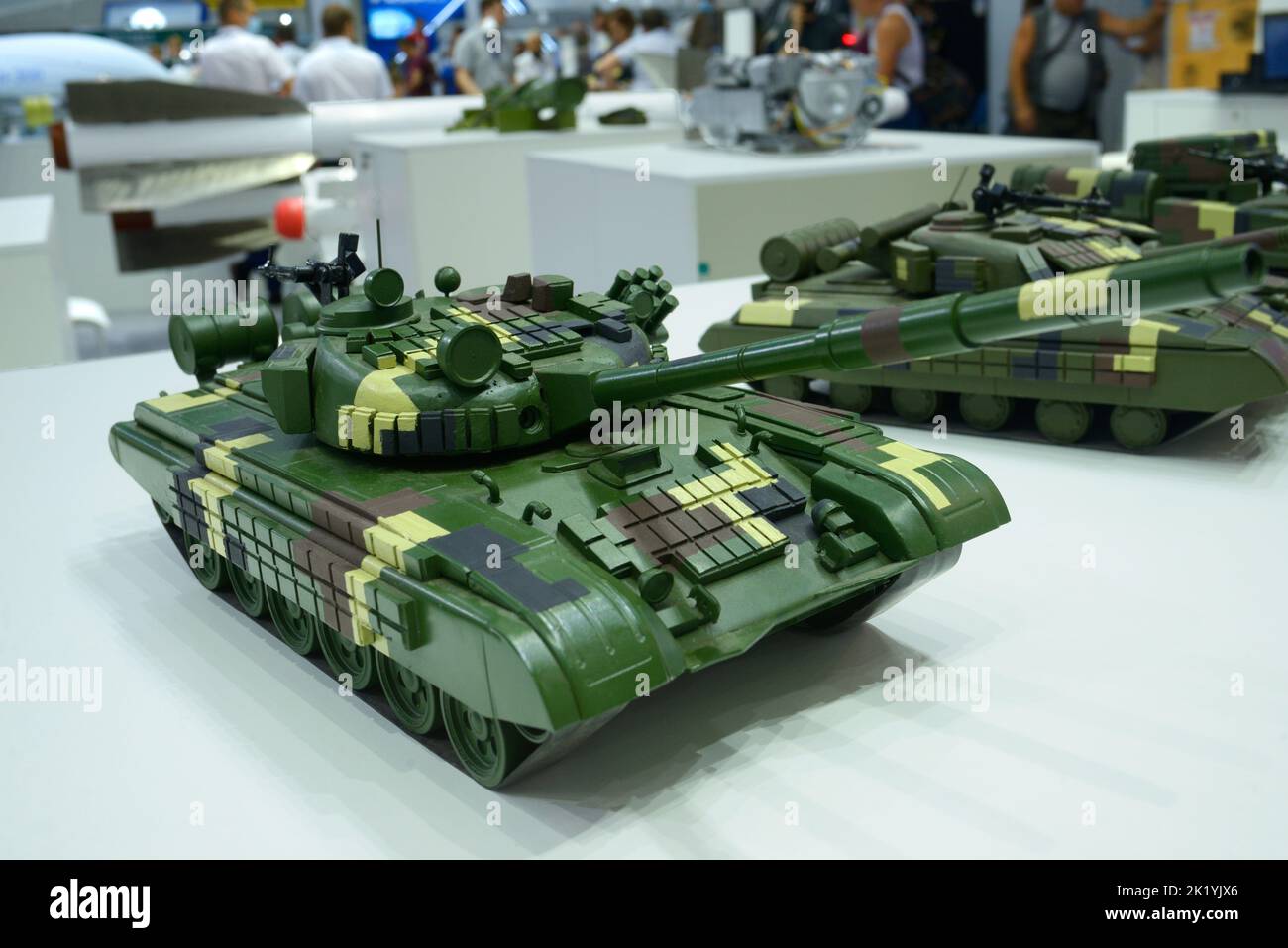Mini models of Ukrainian tanks placed on counter, gun shop. Kyiv ...