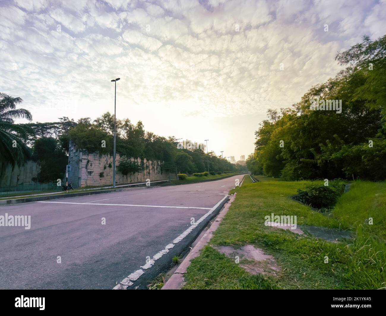 Beautiful residential area, clean empty asphalt roads, lush trees ...