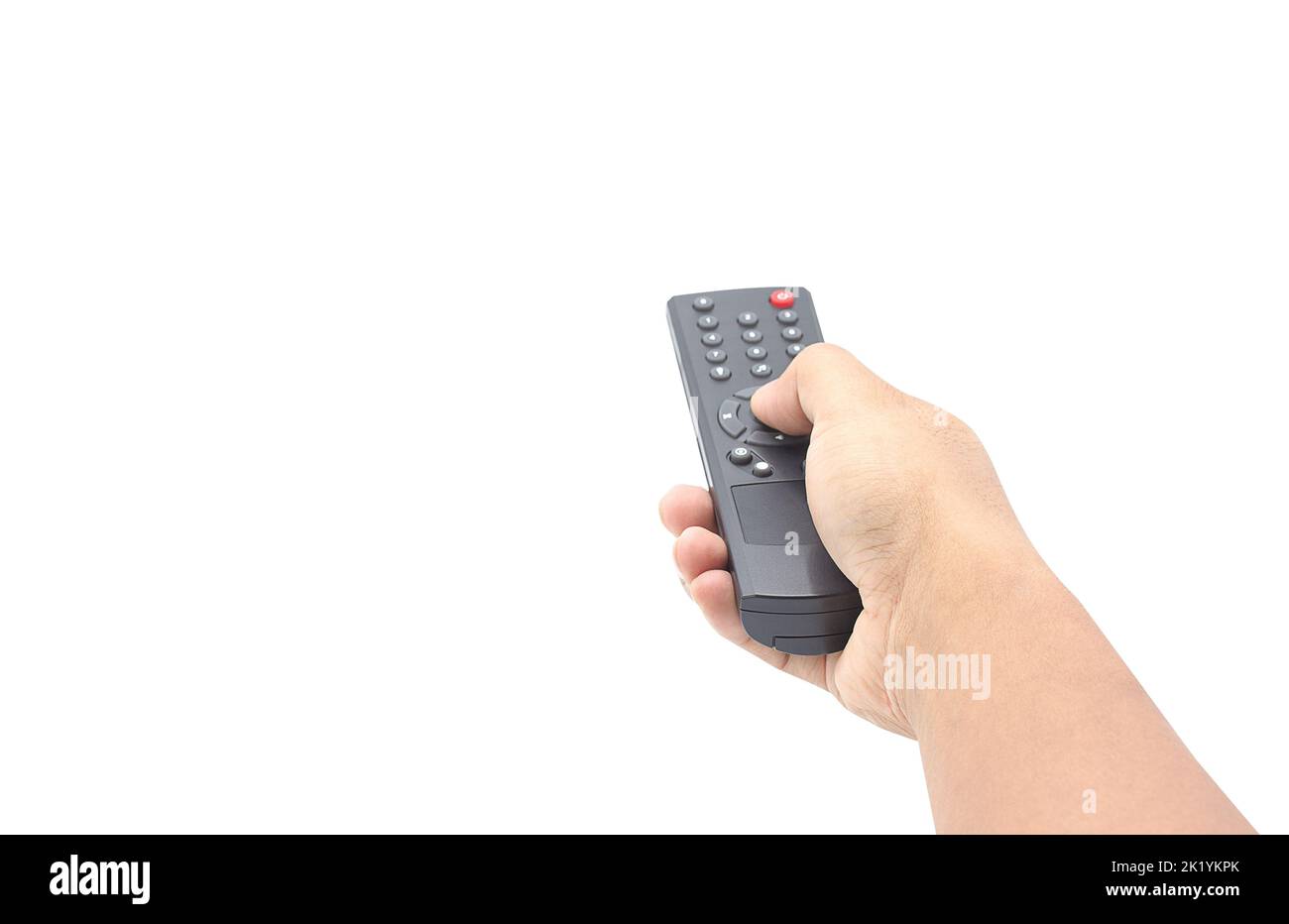 Hand pressing remote control isolated on white background with clipping ...