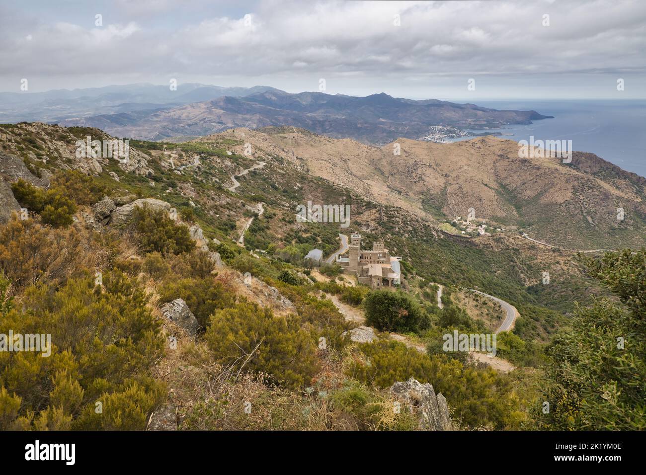 a medieval monastery on a hillside with great view over a seabay Stock ...