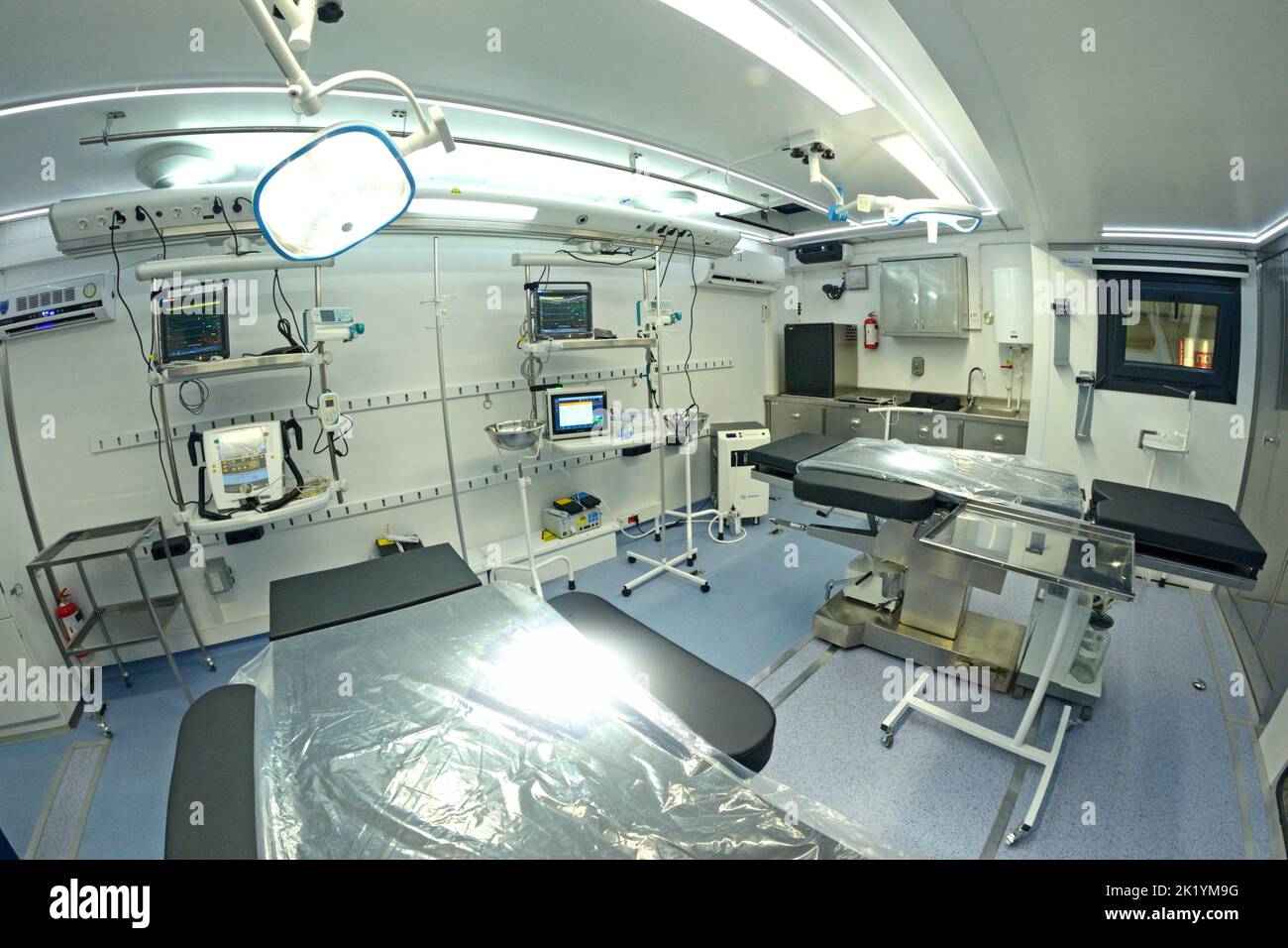 Interior of a new military mobile hospital operation tables, reviving ...