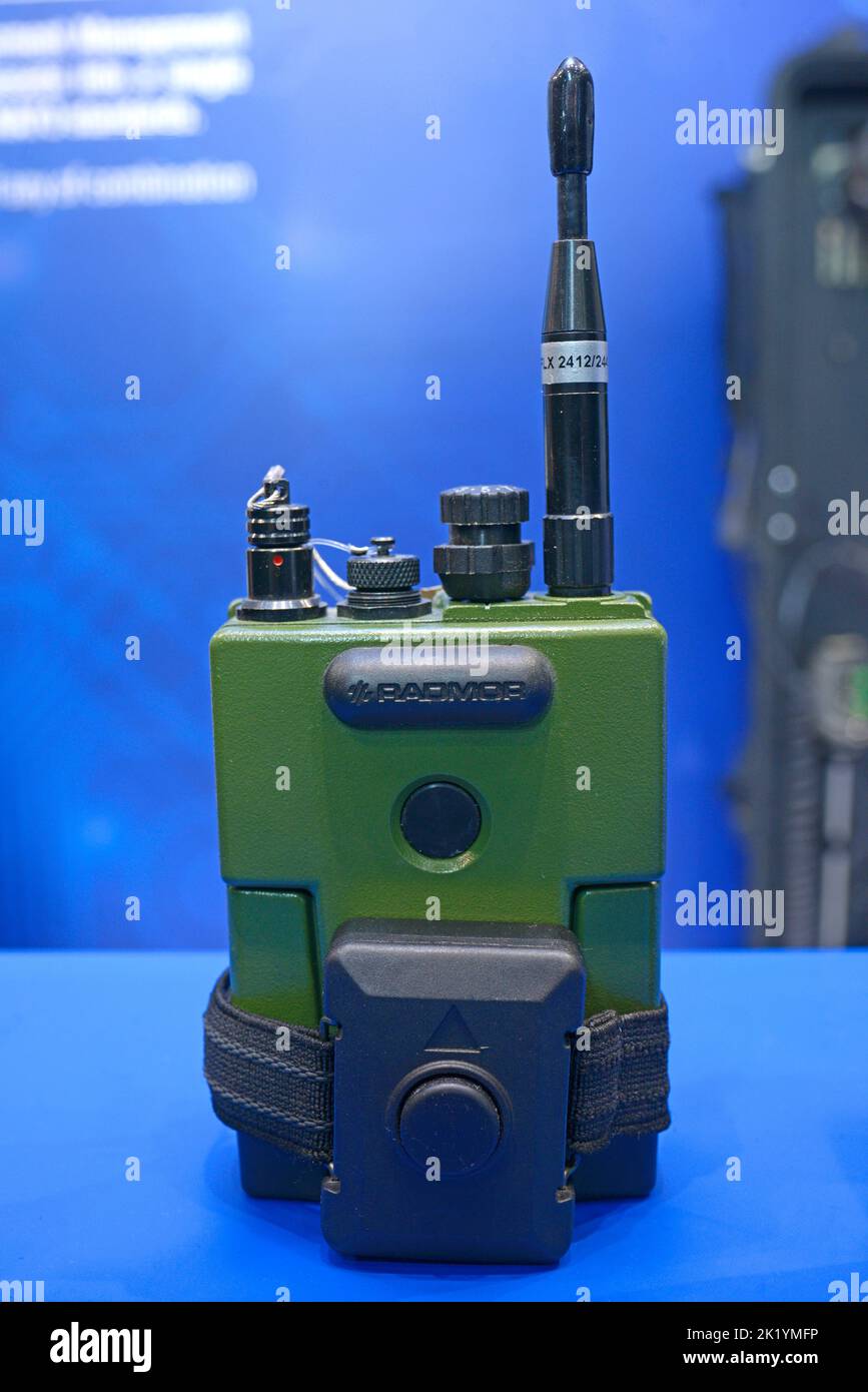 Portable personal radio for soldiers presented on stand, made by Radmor ...