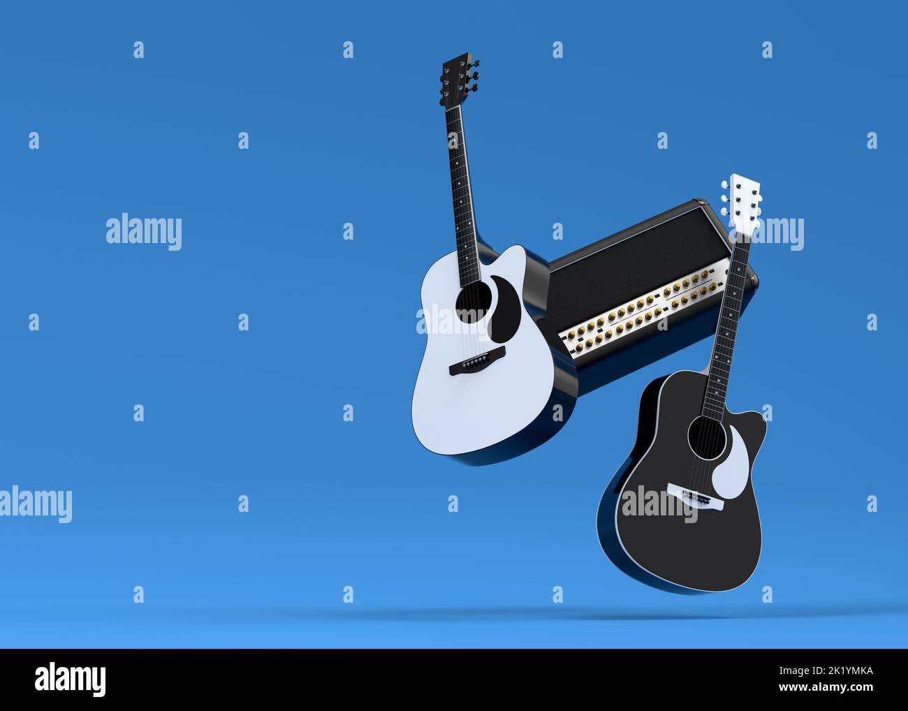 Set of electric acoustic guitars amplifiers on blue background. 3d ...