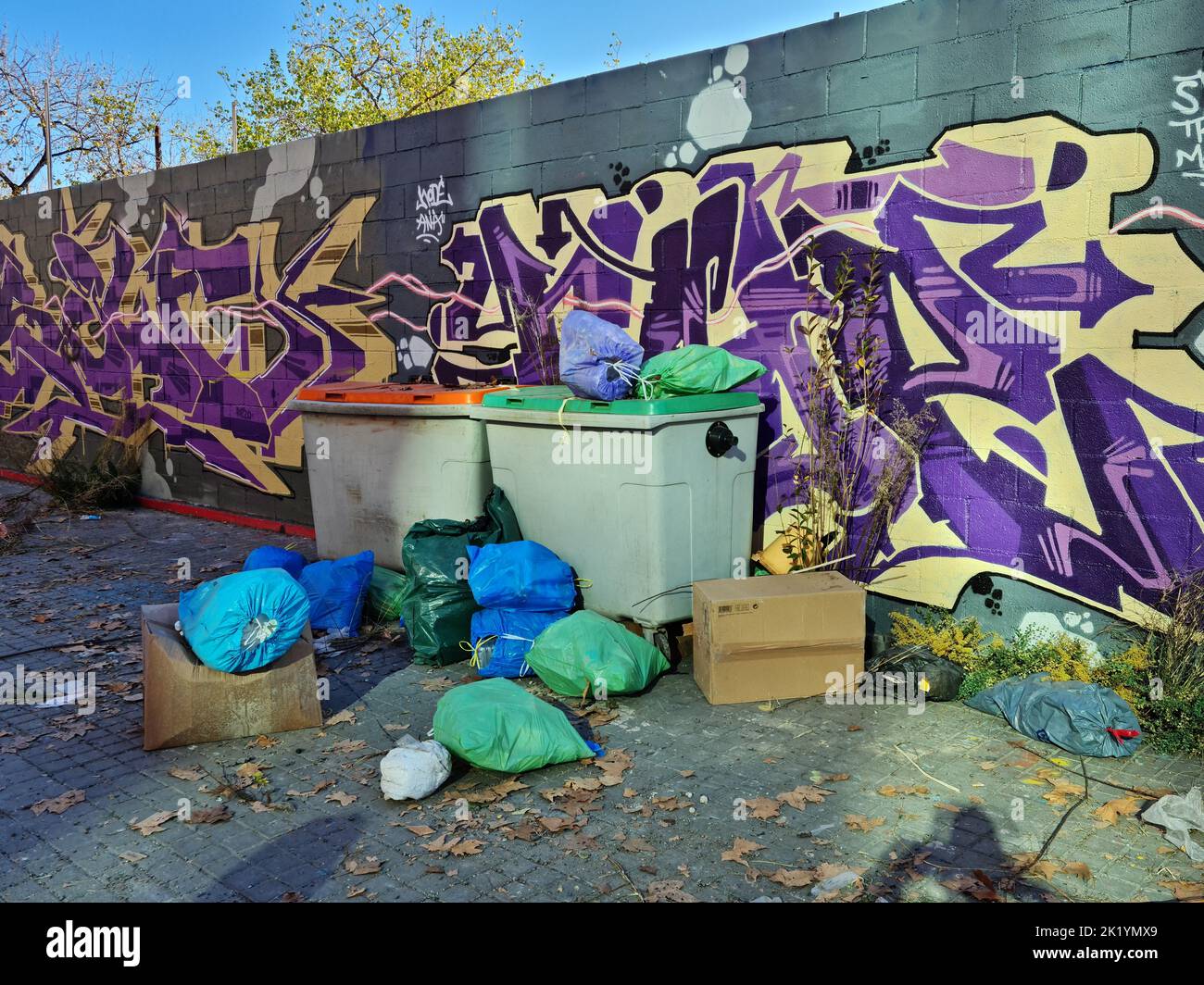 Dirty, garbage, container, wall, graffiti, sky, garbage bags, street ...