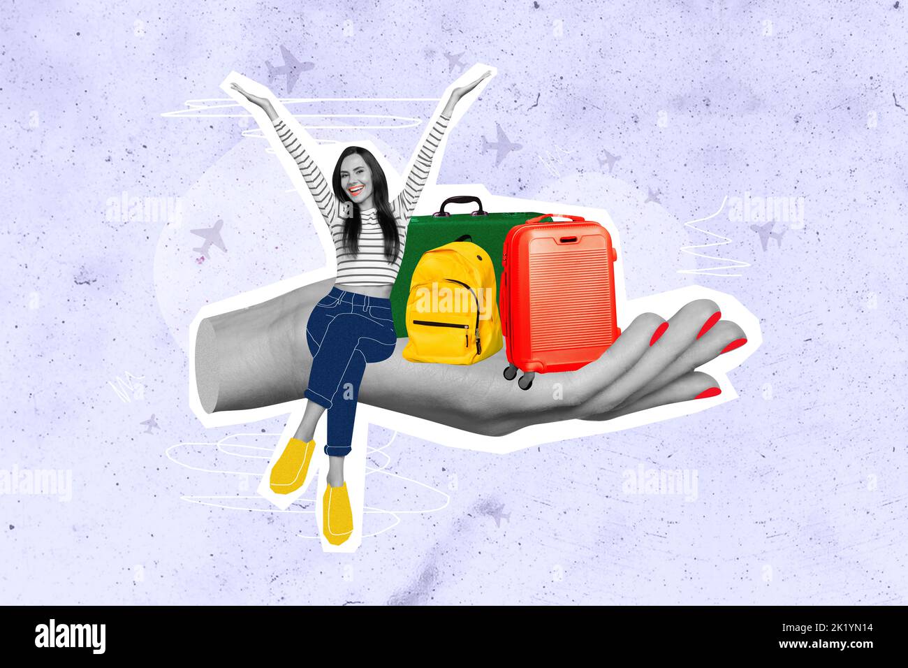 Creative photo 3d collage poster postcard of young happy girl big arm ...