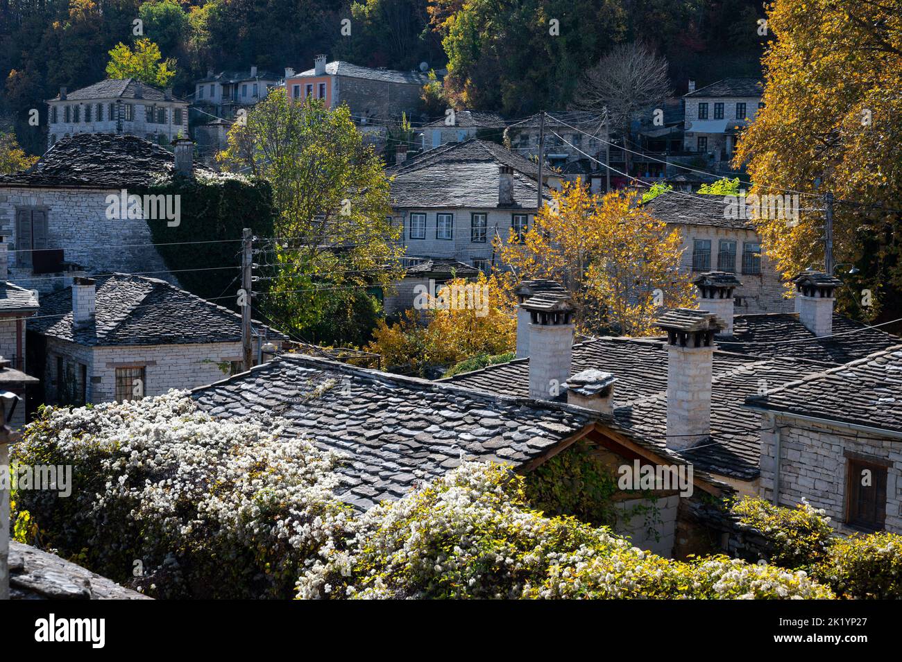 Autumnal landscape showing the stone houses of traditional architecture ...