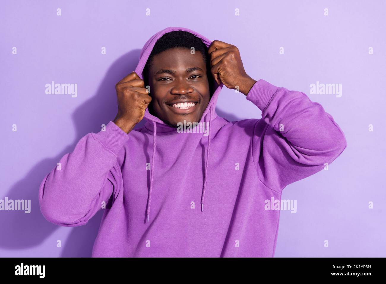 Portrait of attractive cheerful brunet guy wearing cosy clothes ...