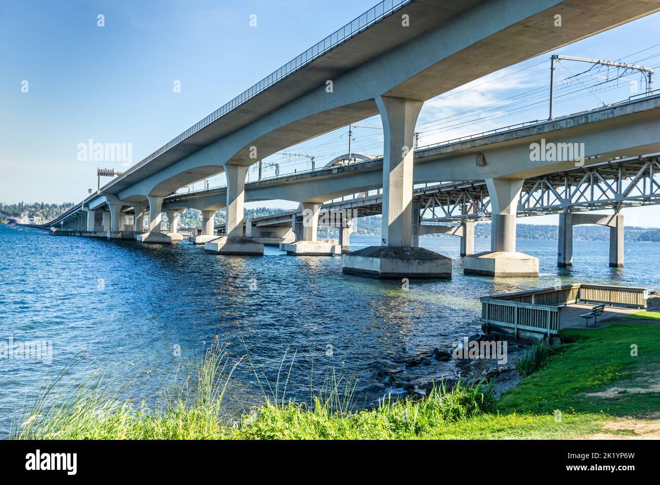 Beneath the Interstate 90 bridges in Seattle, Washington Stock Photo ...