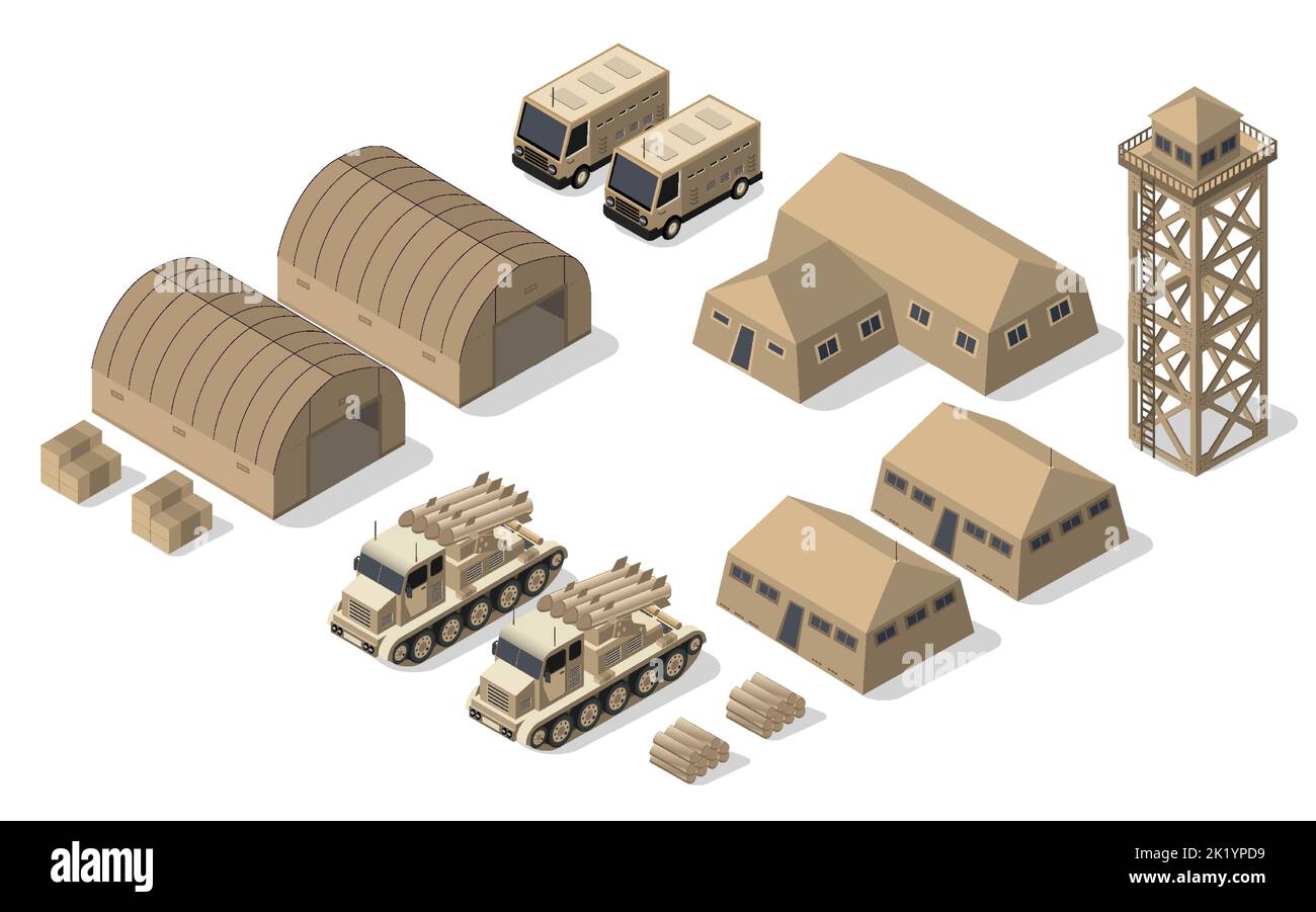 Set of army armed troop isometric armed military transport objects ...
