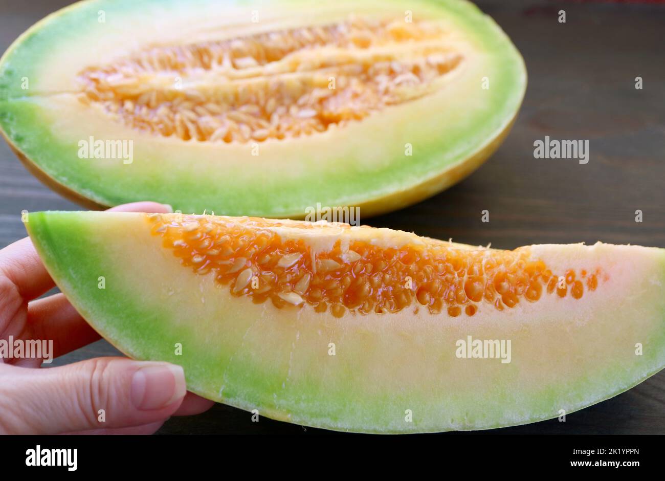 Closeup a Slice of Juicy Fresh Ripe Thai Melon in Woman's Hands Stock ...