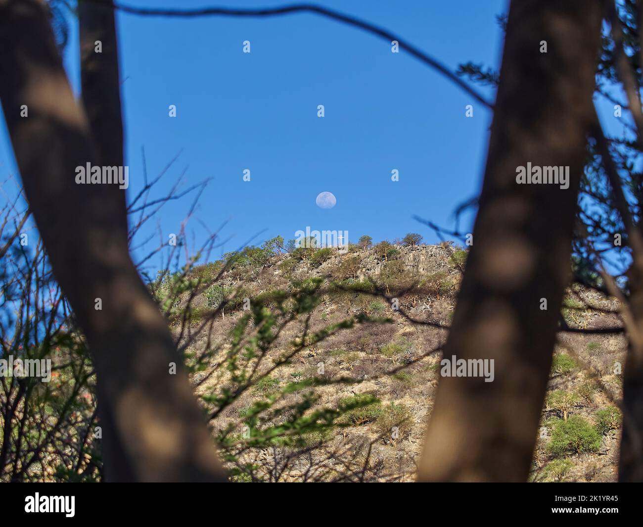 the moon is rising over the top of a hill with a white summit cross ...