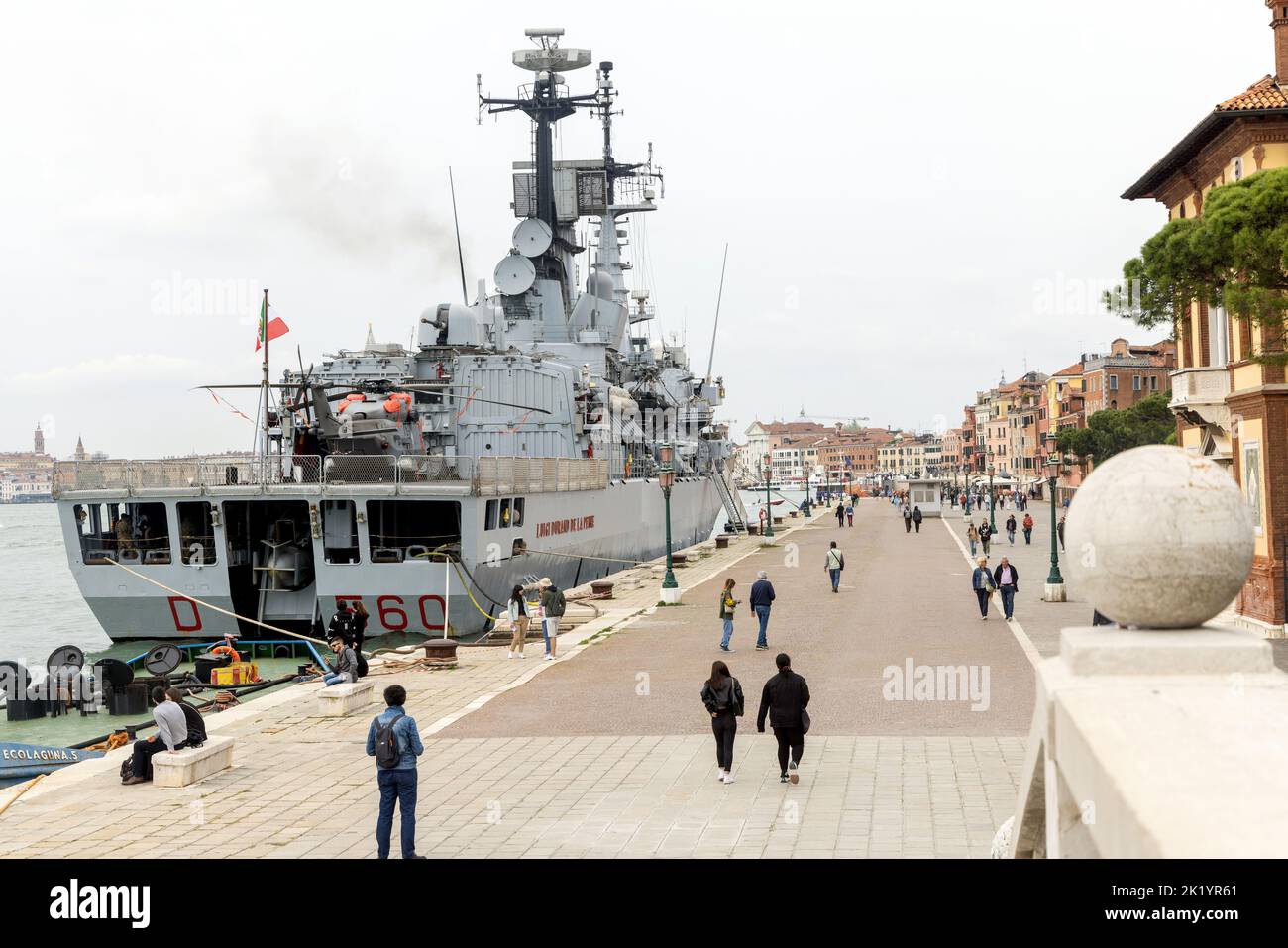 VENICE, ITALY May 4, 2022. The missile destroyer of the Italian Navy ...