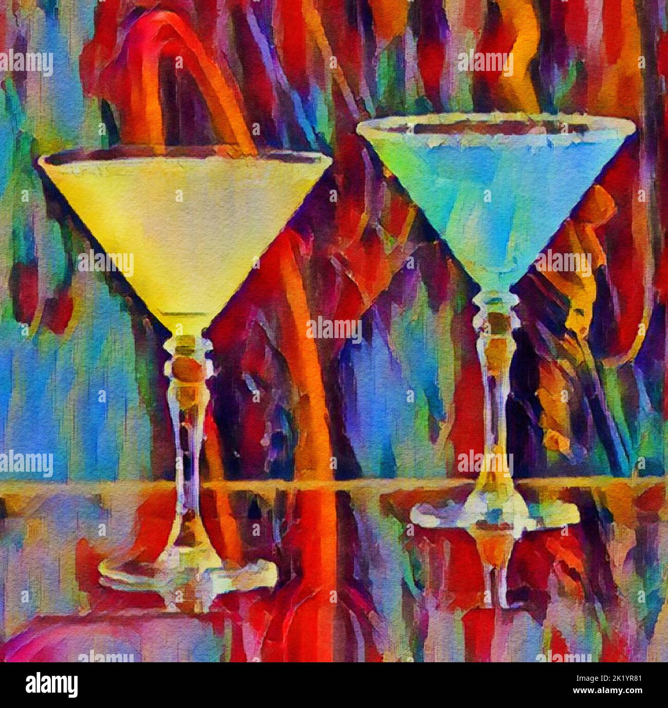 Two martinis in martini glasses are seen in a colorful digital ...