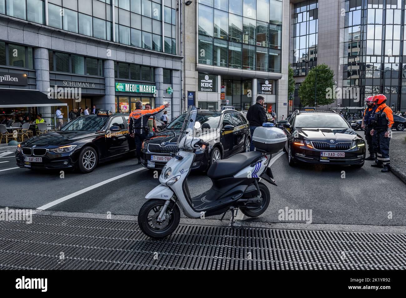 European strike of the taximen in Brussels around Schuman circle ...