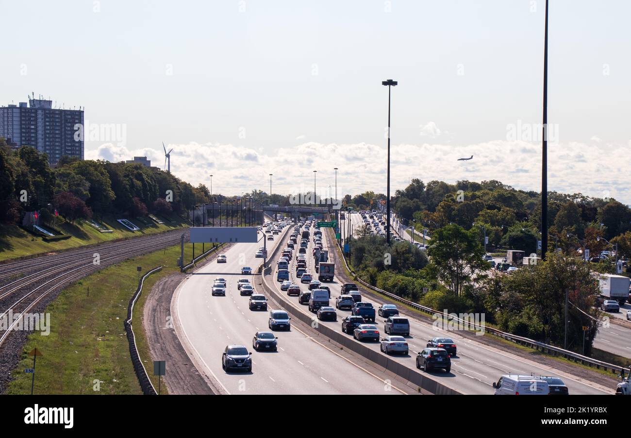 A wide-angle view above the Gardiner Expressway in downtown Toronto ...