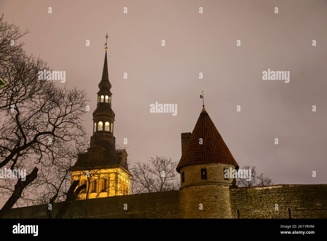 Tallinn, Estonia - January 4, 2020: night view of the towers of Tallinn ...