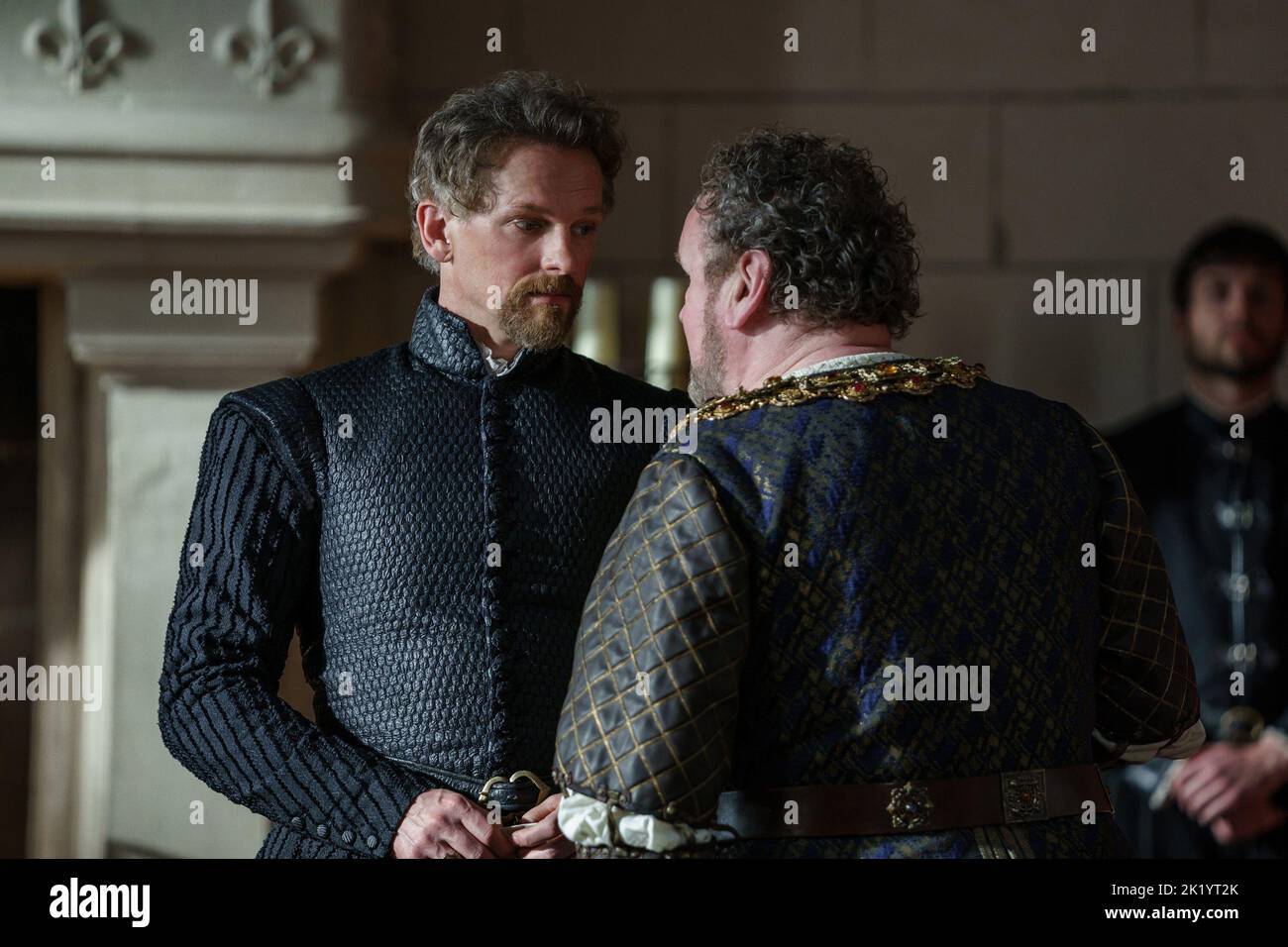 THE SERPENT QUEEN, from left: Barry Atsma as Montmorency, Colm Meaney as King Francis (back to ...