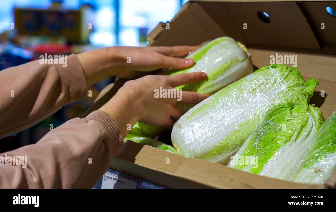 Buying Chinese cabbage in a store Stock Photo - Alamy