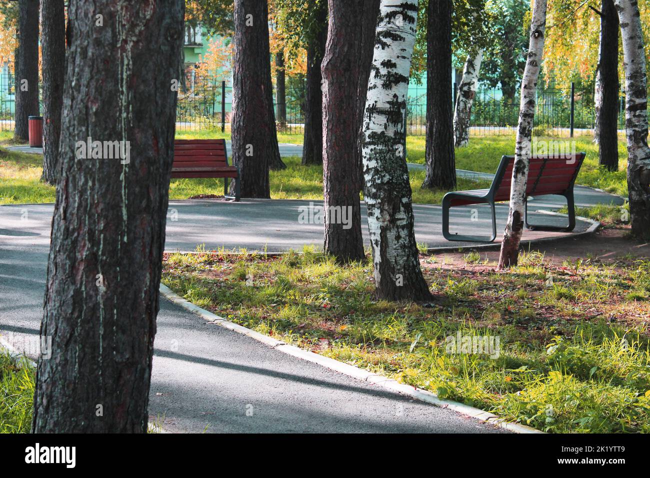 City park with paths and benches. Place for rest and walks. urban ...