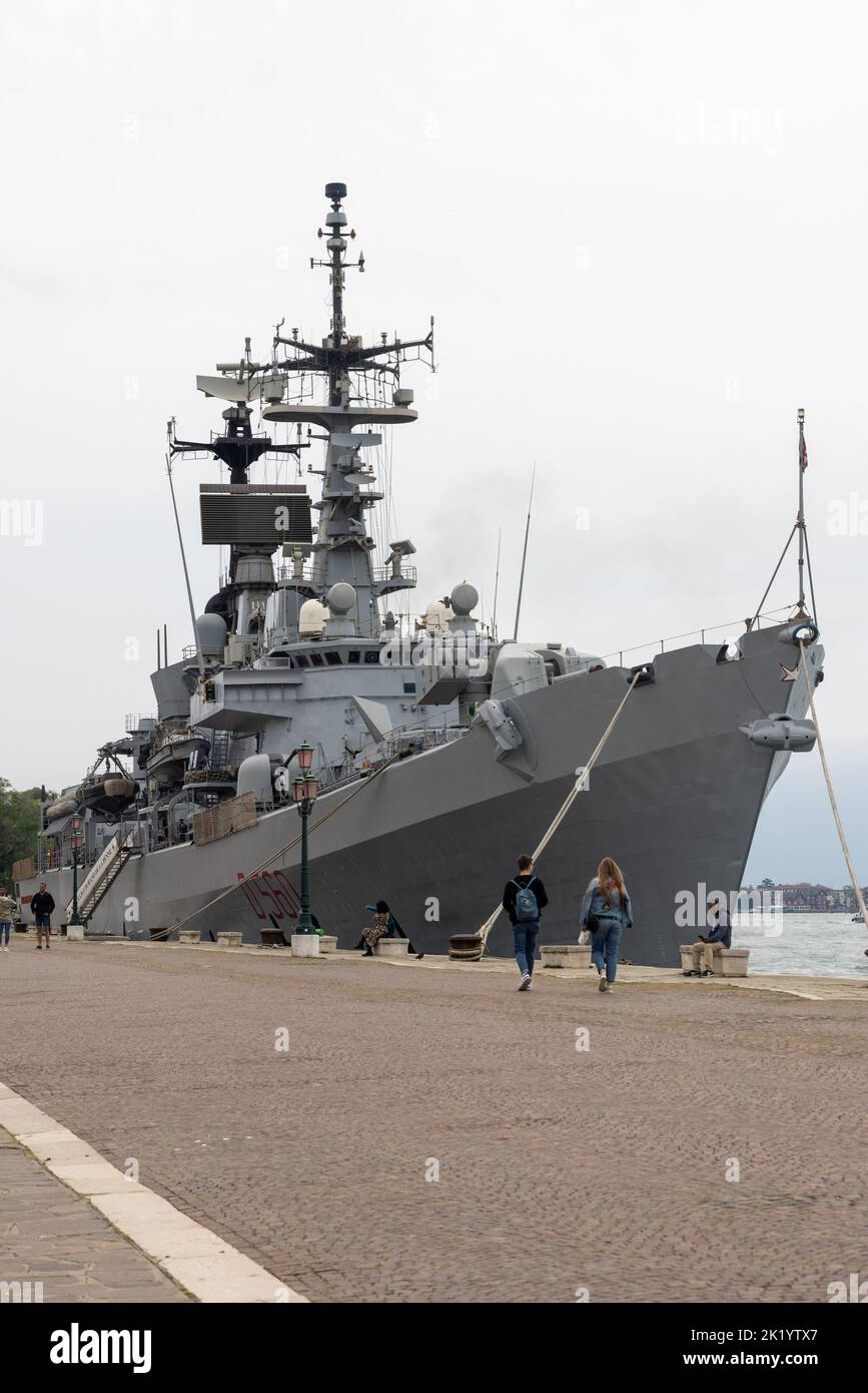 VENICE, ITALY May 4, 2022. The missile destroyer of the Italian Navy ...