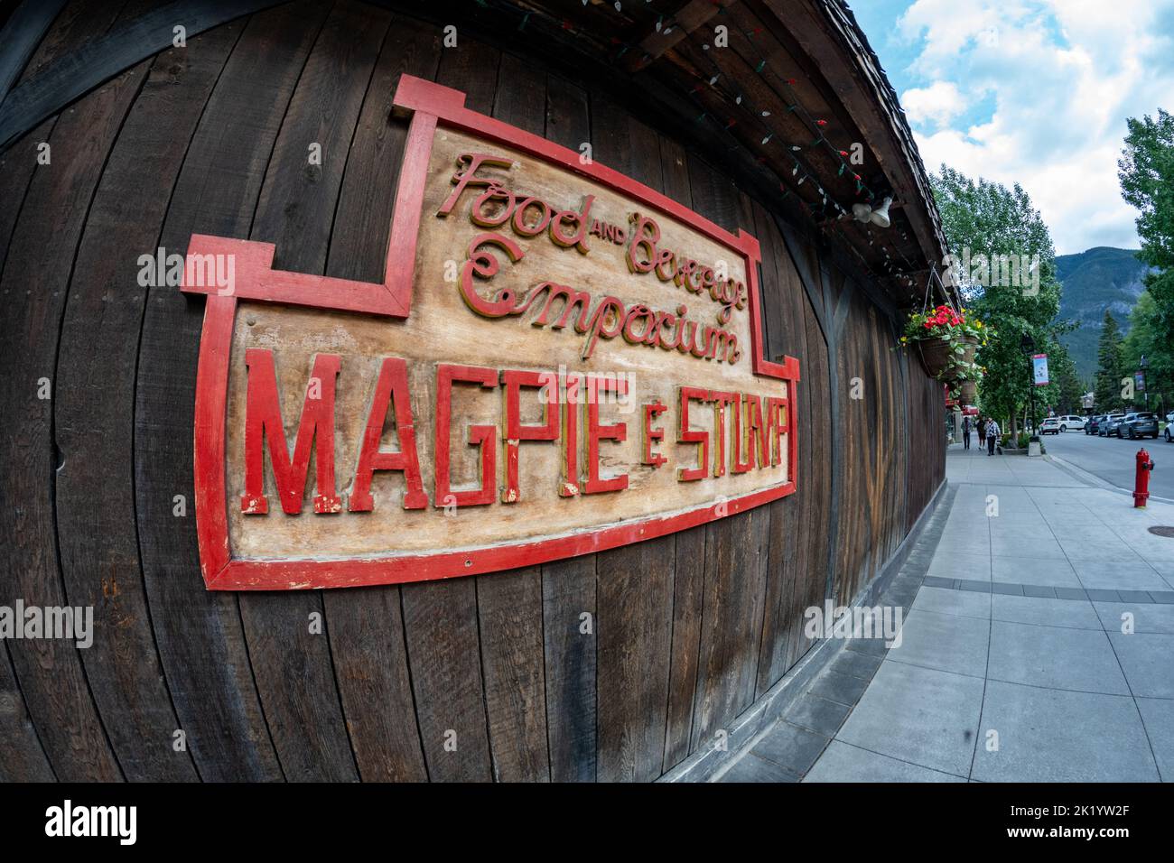 Banff, Alberta, Canada - July 10, 2022: Fisheye view the sign for ...