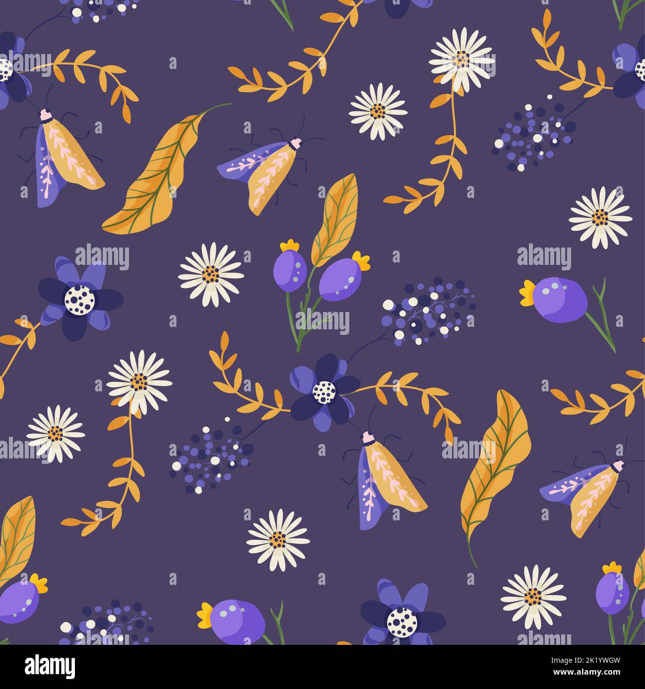 Boho purple berry , flower and moth seamless pattern. Forest floral ...