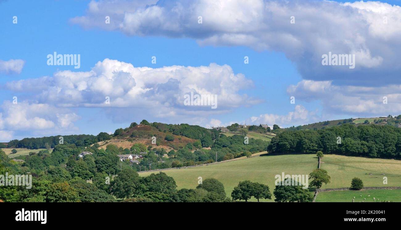 Panorama landscape of fields trees and rolling hills with blue sky and ...