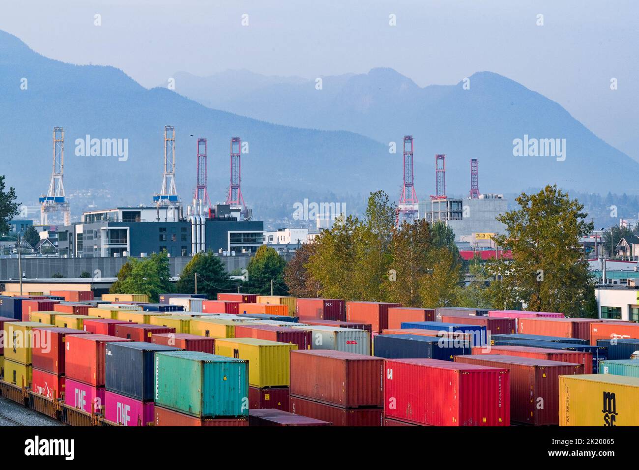 Shipping containers in railway freight yard, near Port of Vancouver ...