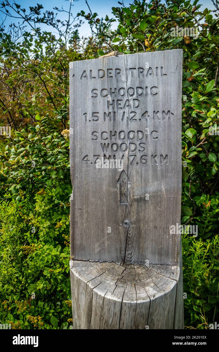 A description board for the trail in Acadia National Park, Maine Stock ...