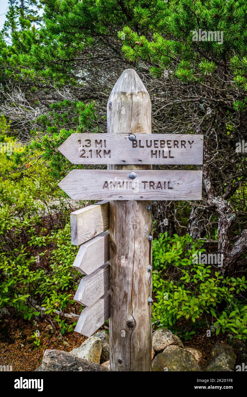A description board for the trail in Acadia National Park, Maine Stock ...
