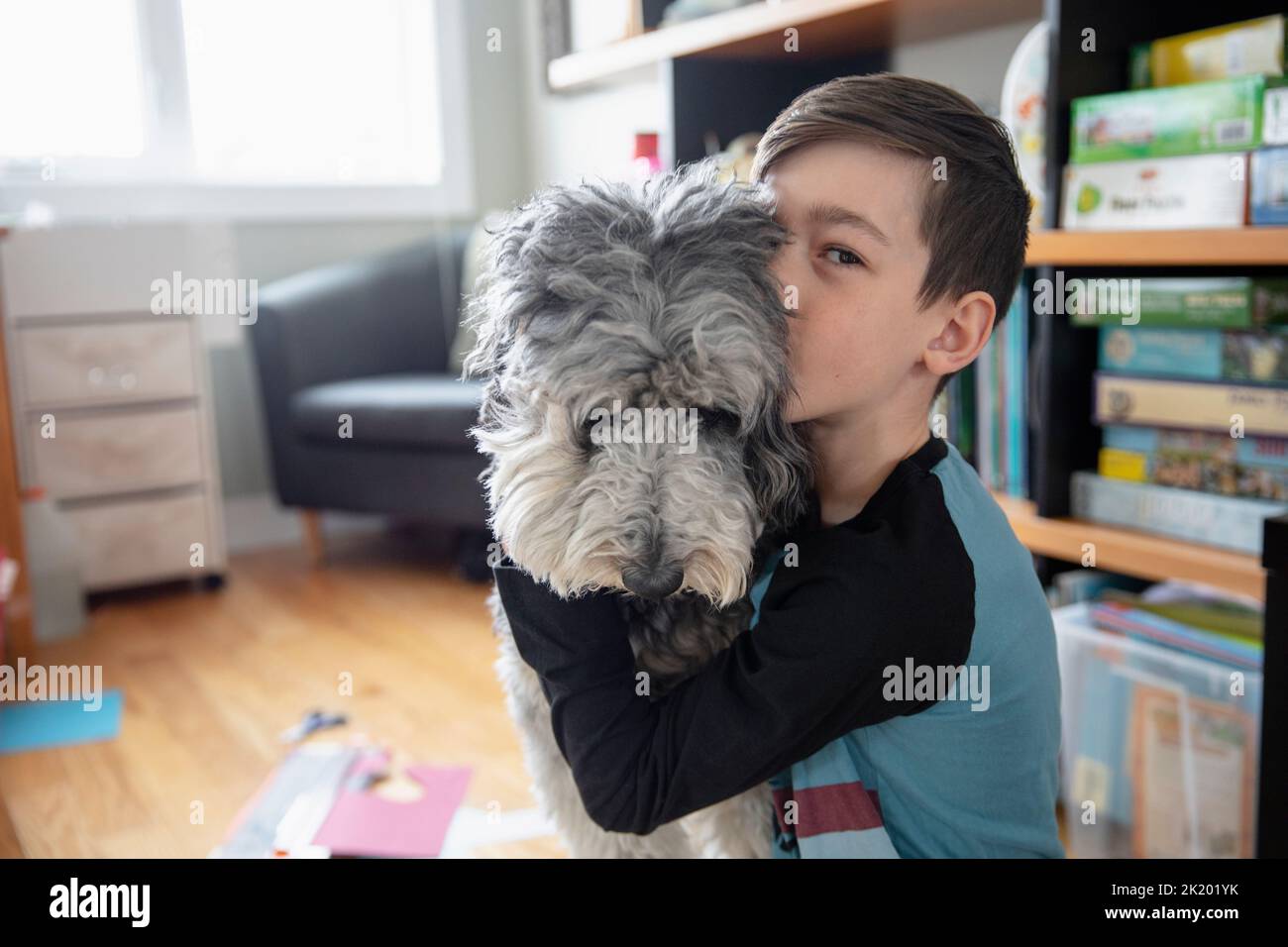 Boy hugging pet dog in bedroom Stock Photo - Alamy