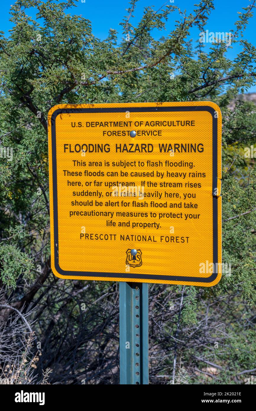A warning signboard for hikers in Prescott National Forest, Arizona ...
