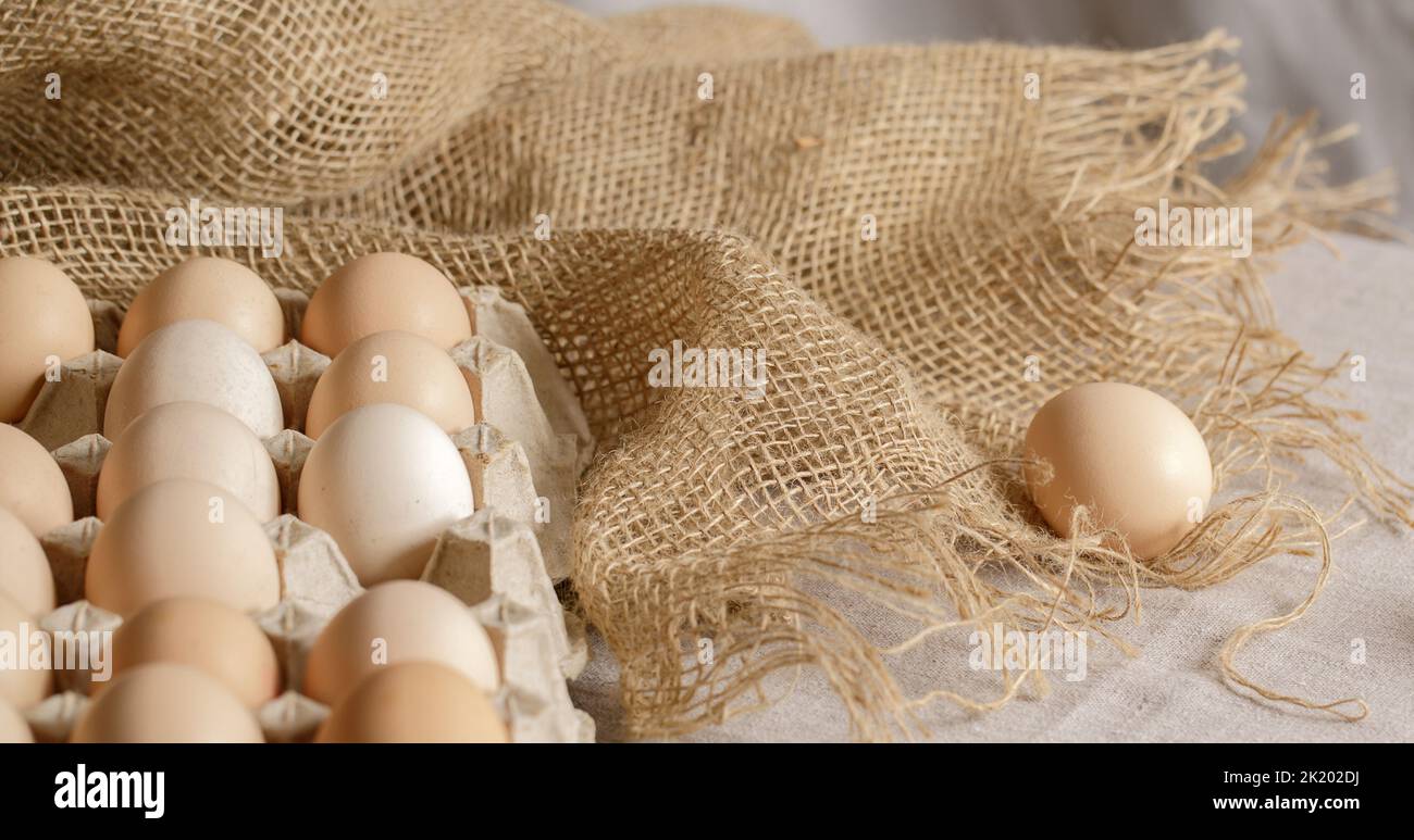 Fresh organic chicken eggs in carton pack or egg paper container on a ...