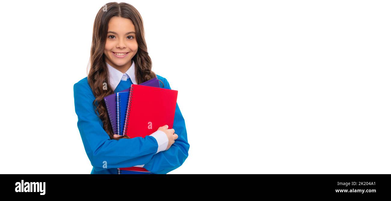 happy face of teen girl with long curly hair hold school workbook ...