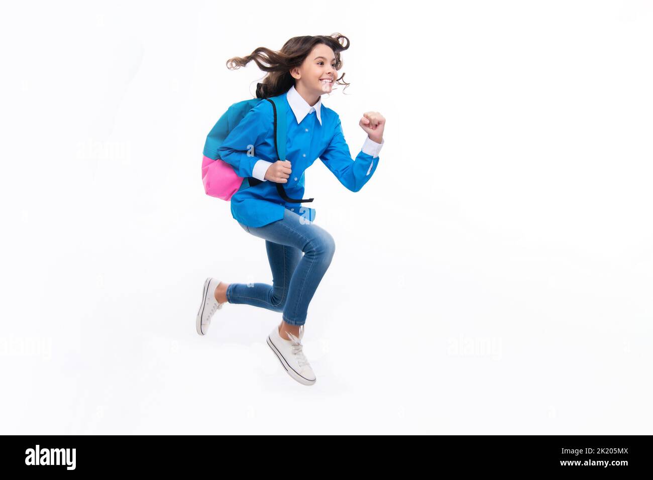 Schoolgirl with backpack. Teenager student, isolated background ...