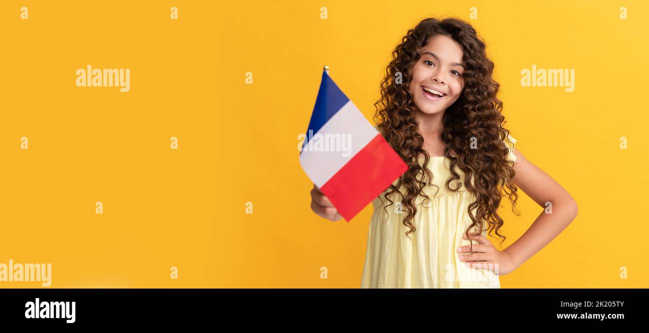 happy child long curly hair hold french flag, france. Horizontal poster ...