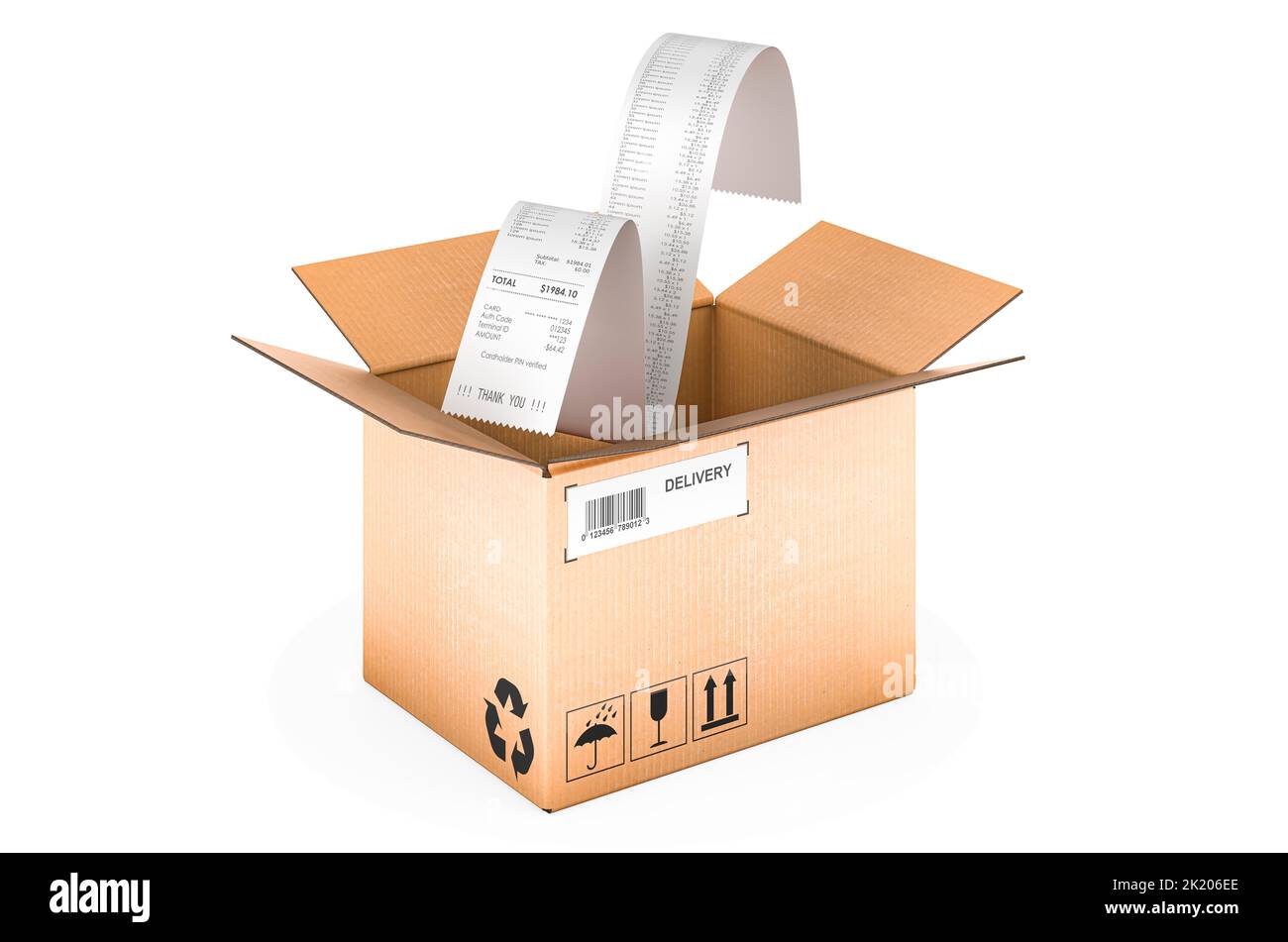 Printed receipt inside parcel, order and delivery concept. 3D rendering ...