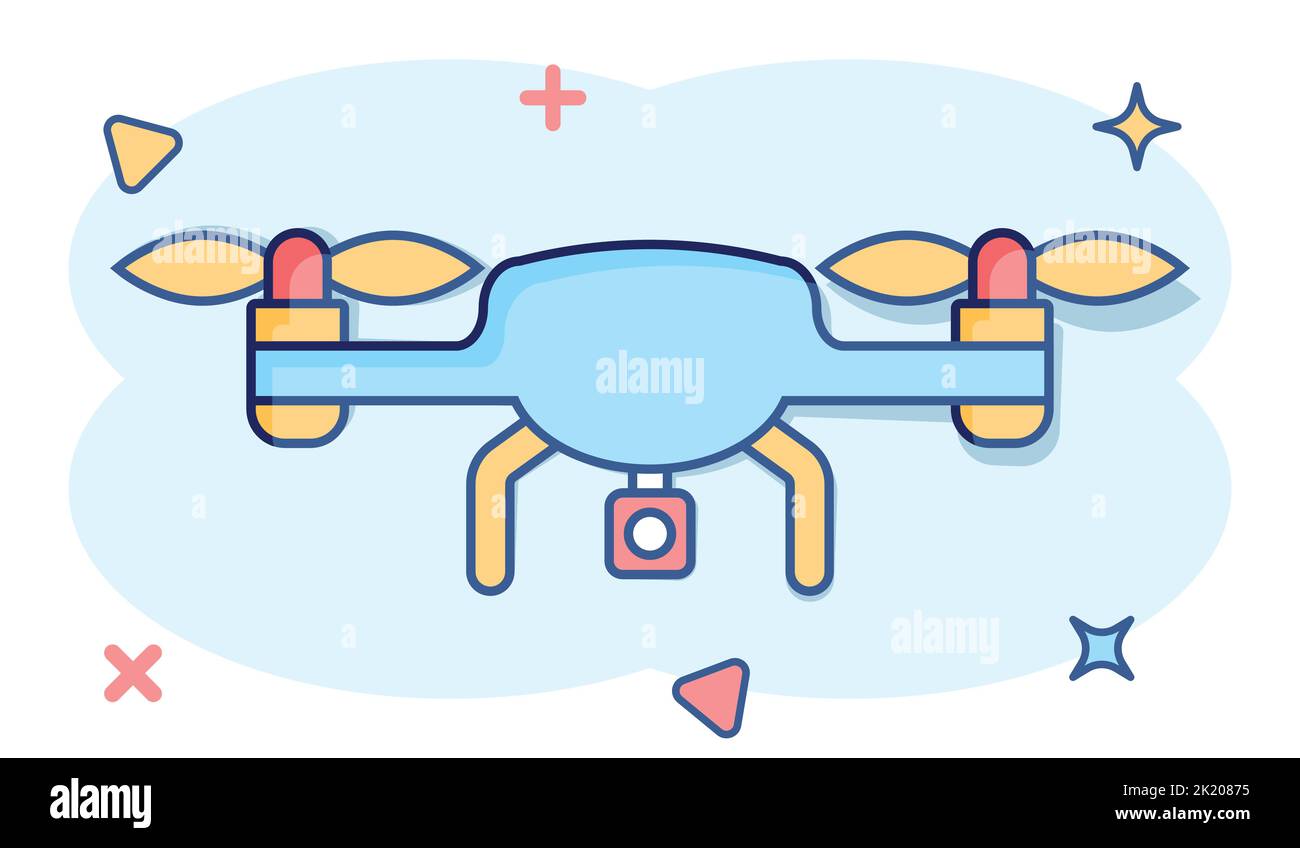 Drone quadrocopter icon in comic style. Quadcopter camera vector ...
