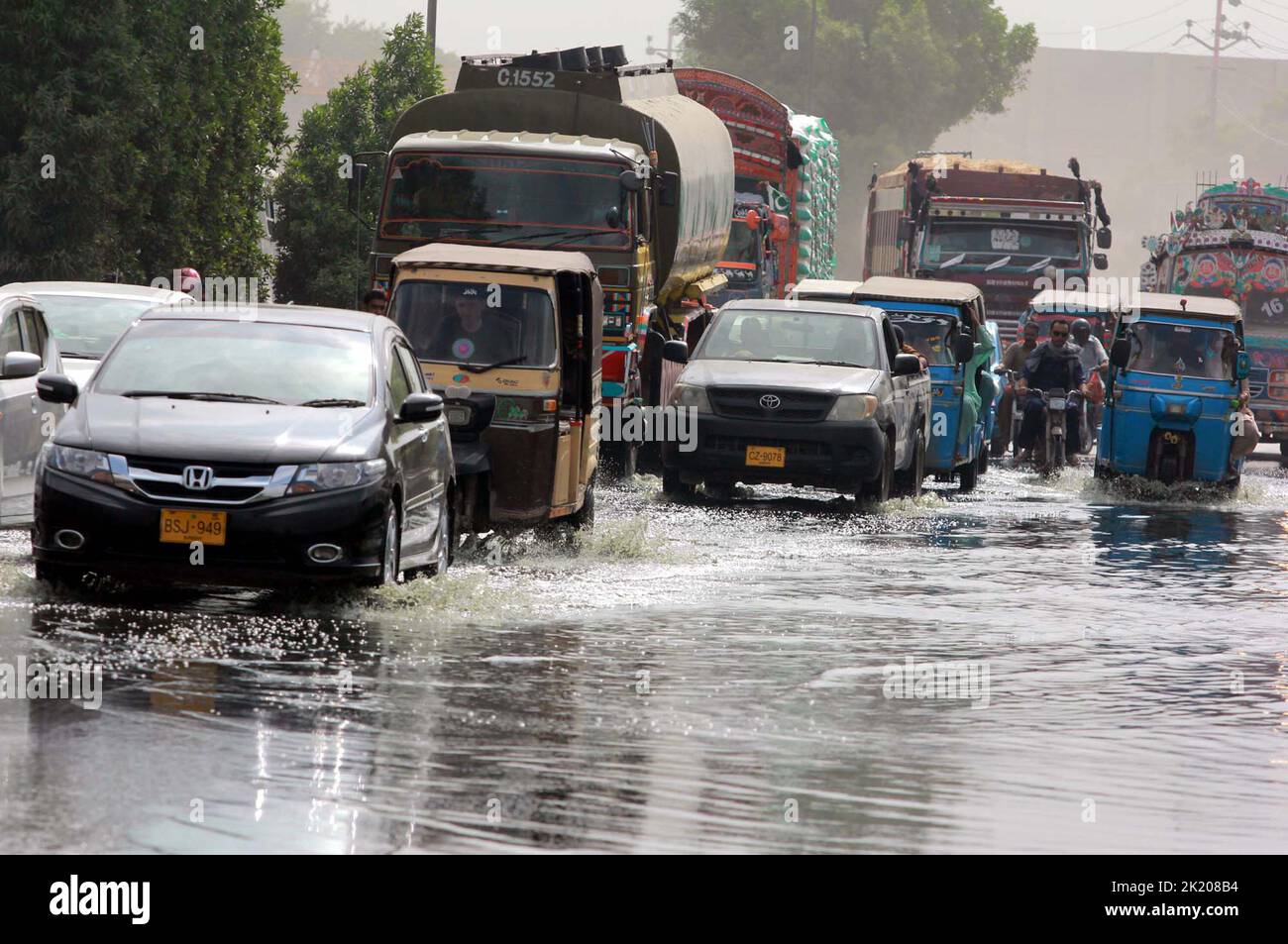 Gujranwala, Pakistan, September 21, 2022. Inundated road by overflowing ...