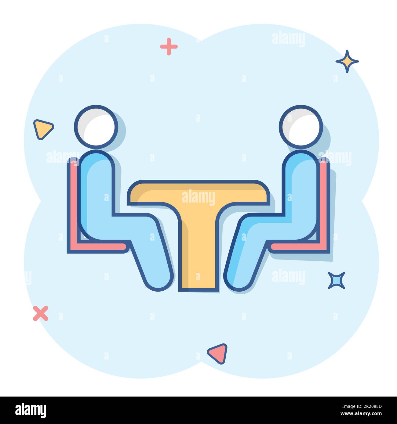 Business consulting icon in comic style. Two people with table vector ...
