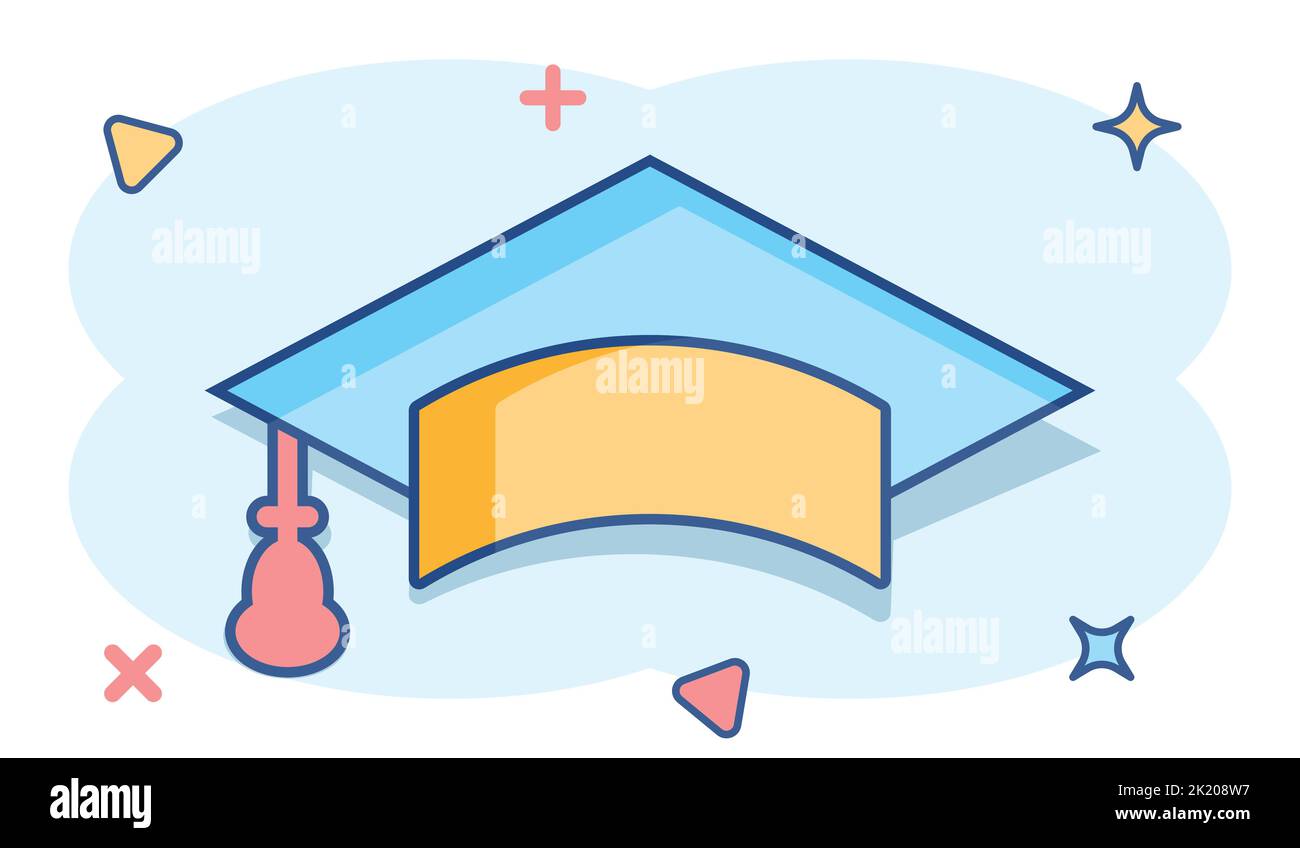 Graduation cap icon in comic style. Education hat vector cartoon ...