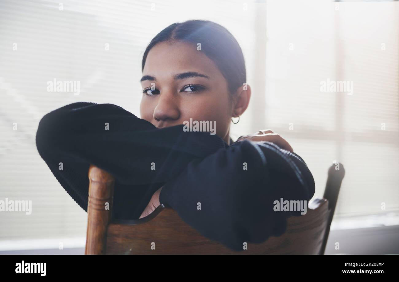 Depression, mental health and anxiety for girl on chair with stress ...