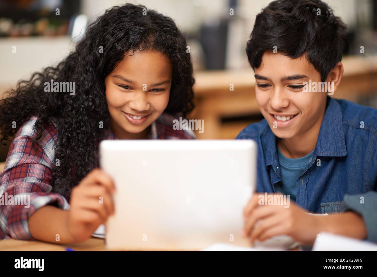 Learning in the digital classroom. two young teenagers using a digital ...