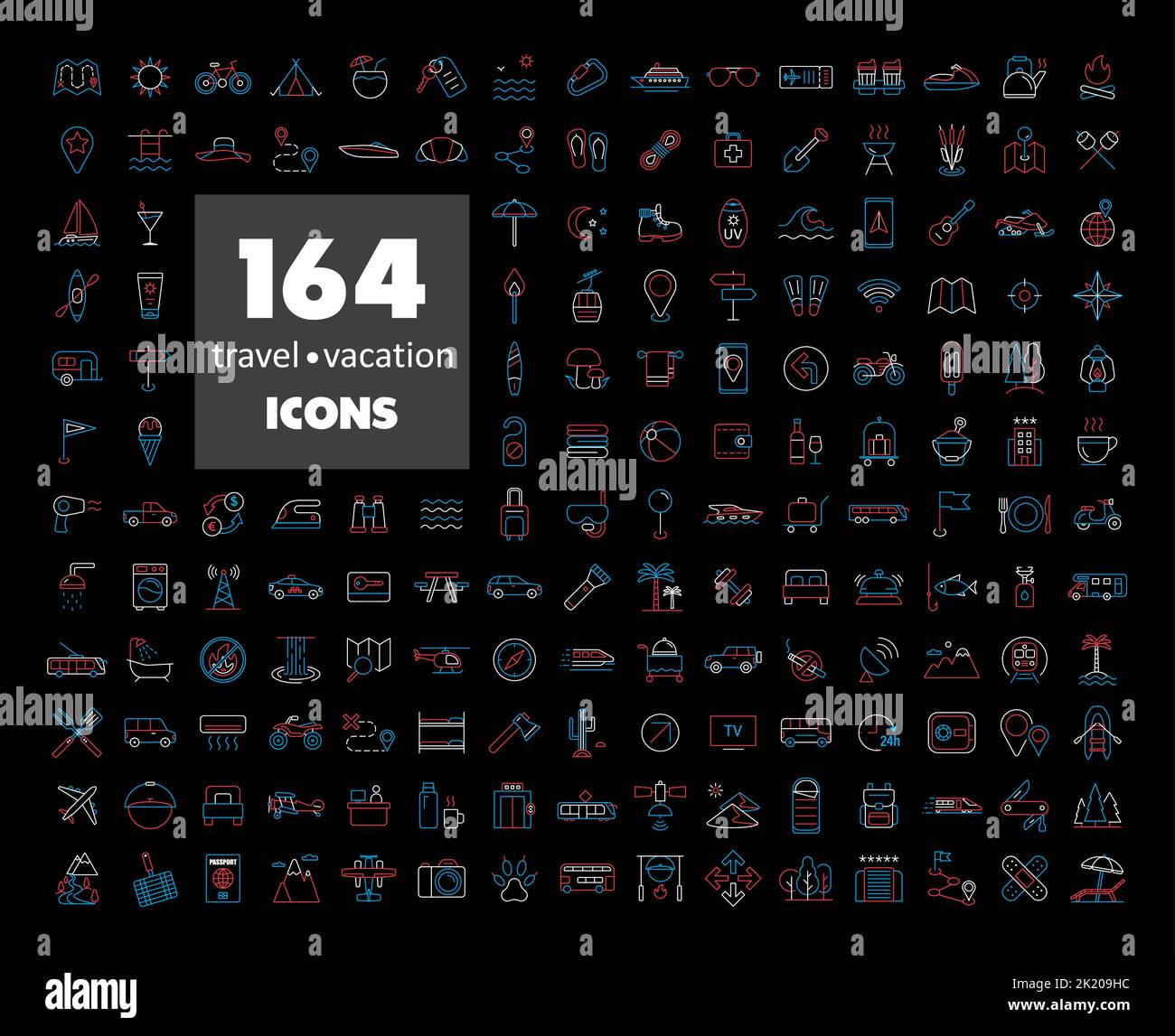 164 travel vacation vector isolated on black background icons set ...