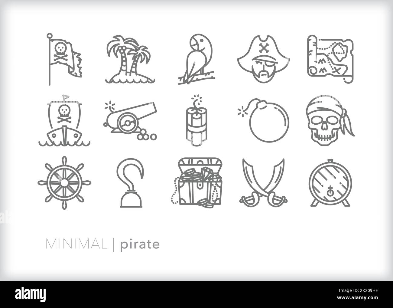 Set of pirate line icons for searching for hidden treasure, pillaging ...