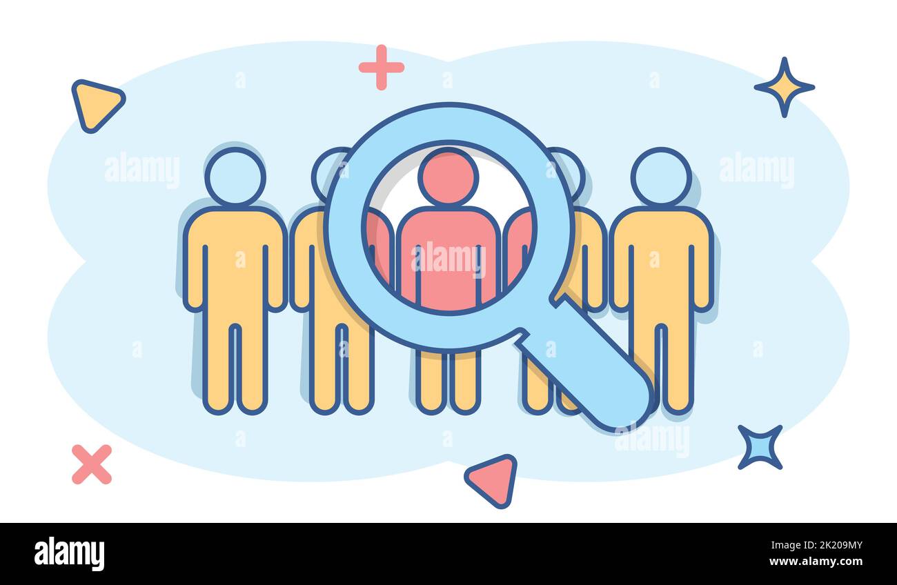 Search job vacancy icon in comic style. Loupe career vector cartoon ...