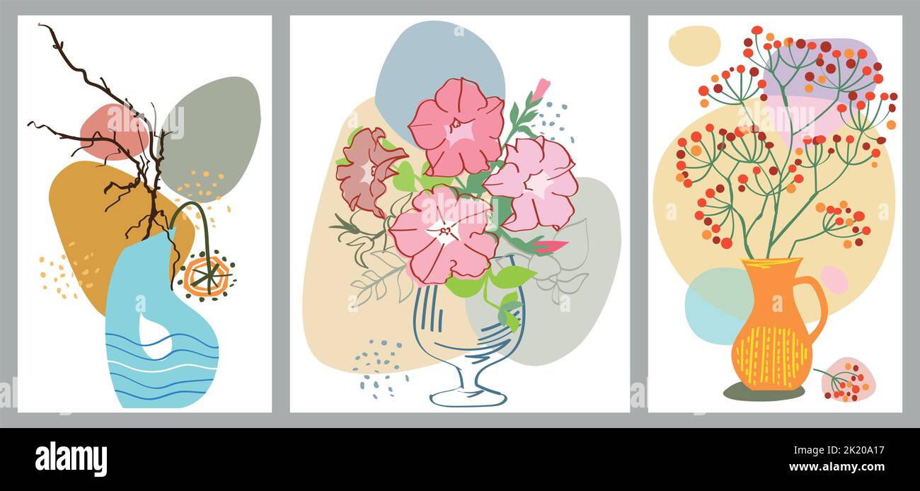 Set of abstract posters with vases. Trendy still life collage with pot ...