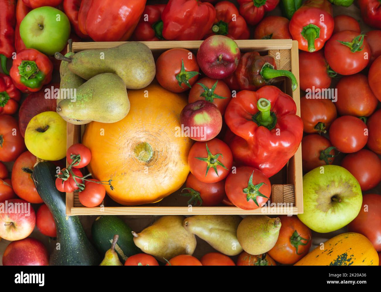 Background of colorful fruits and vegetables. Wooden box full of fruit ...