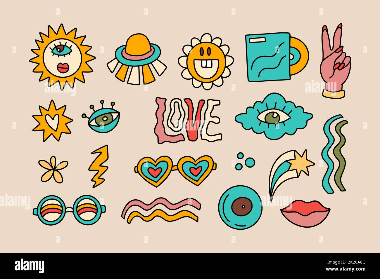 Groovy sticker set, retro eye, ufo and glasses flower hippie 70s disco ...
