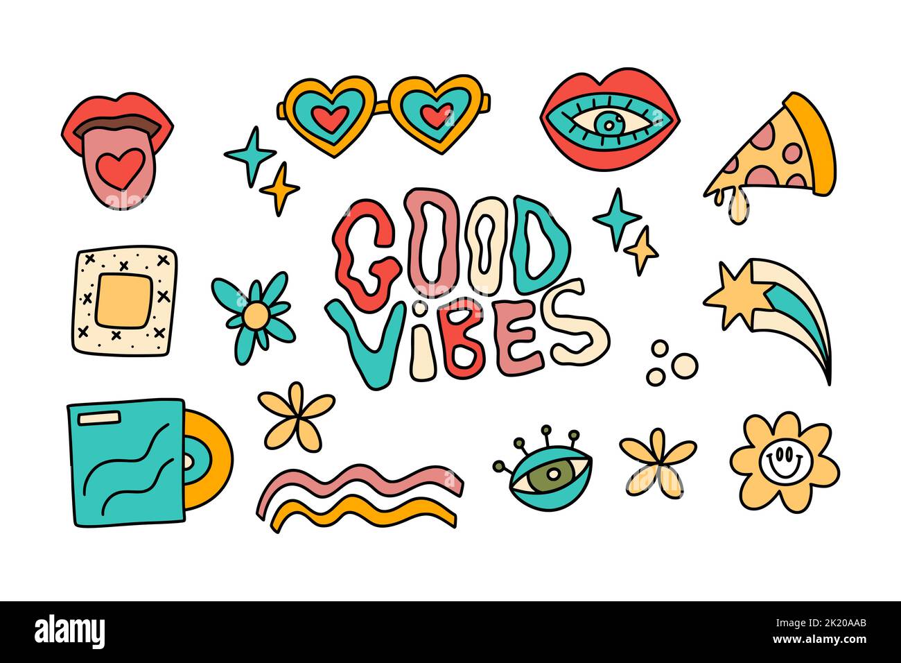 Groovy sticker set, retro good vibes eye, flower, kiss and pizza hippie 70s disco cartoon ...